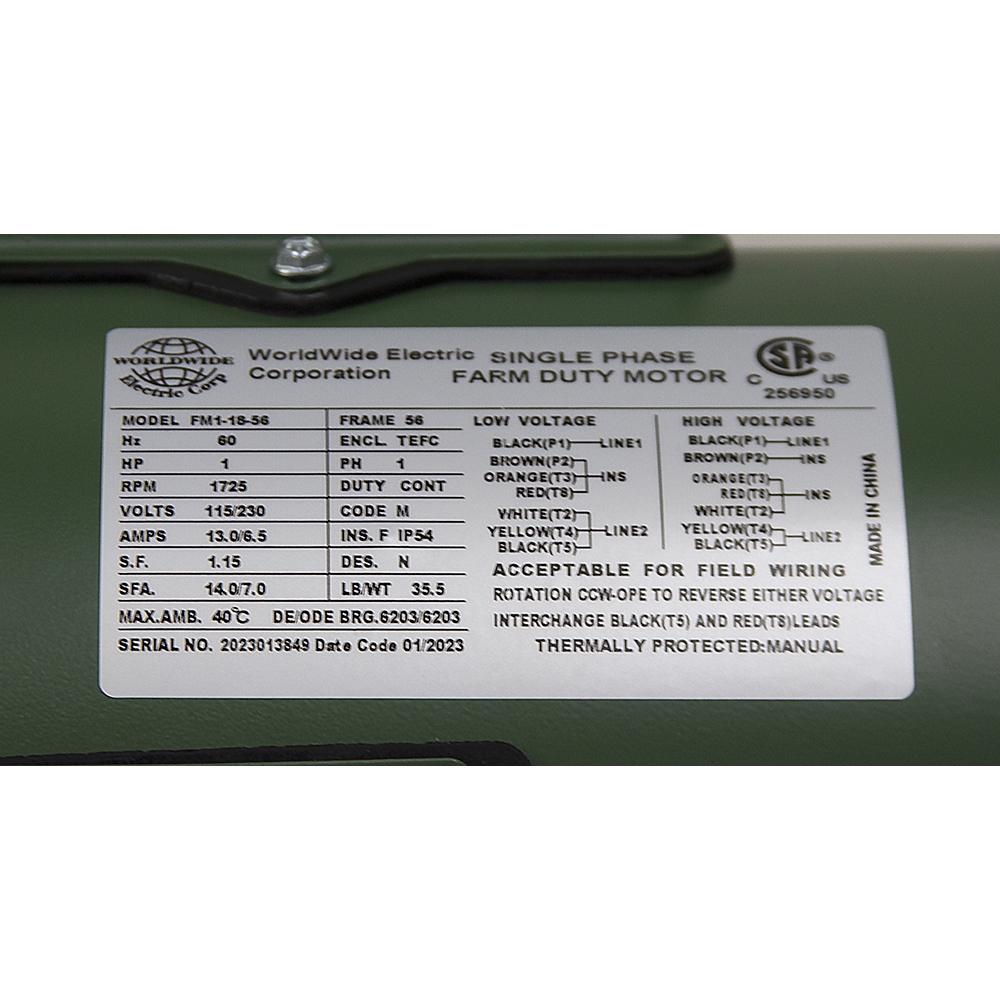 1 HP 115/230 Volt AC 1725 RPM WWE FM1-18-56 Farm Duty Motor | AC Motors ...